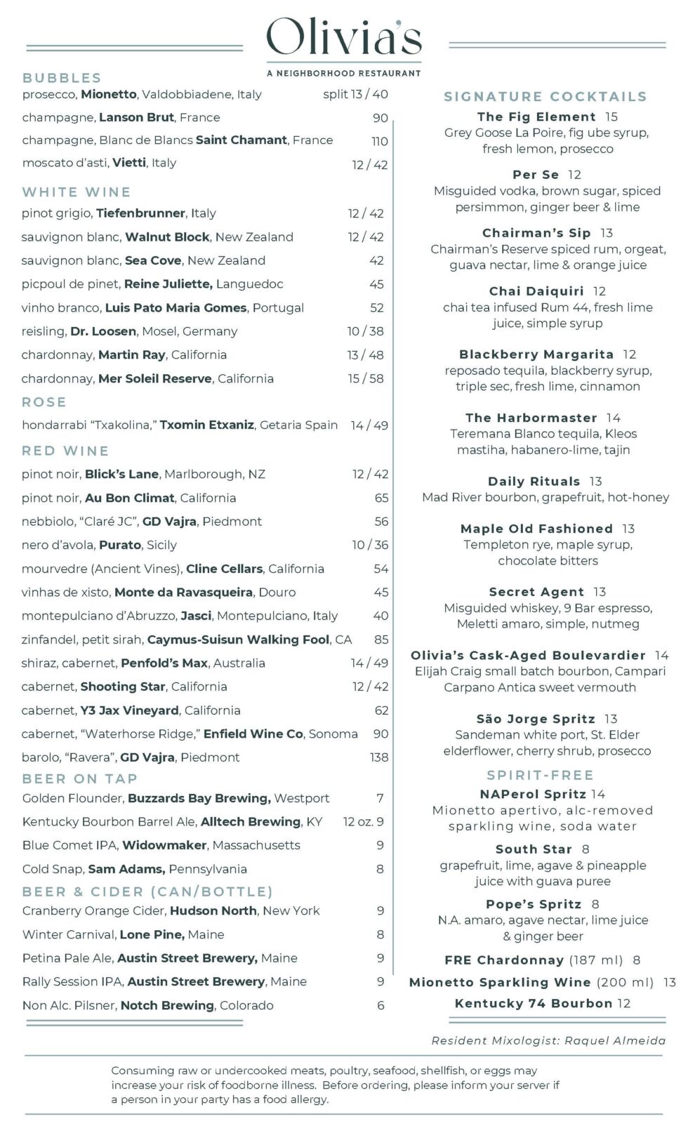 Drink Menu | Olivia's